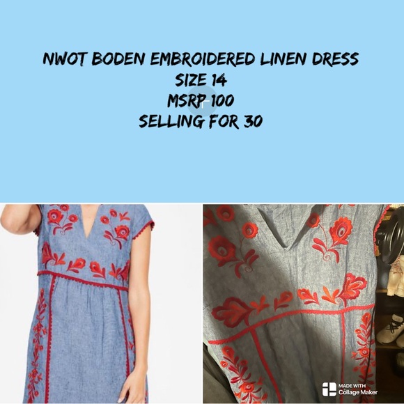 Boden | Dresses | Boden Blue And Red Embroidered Linen Dress | Poshmark